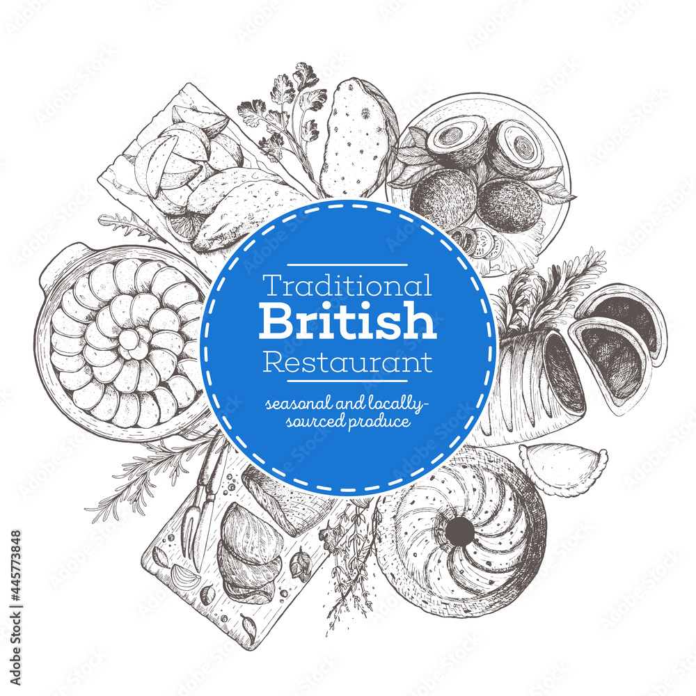 British cuisine label. Food menu design with traditional british dishes ...