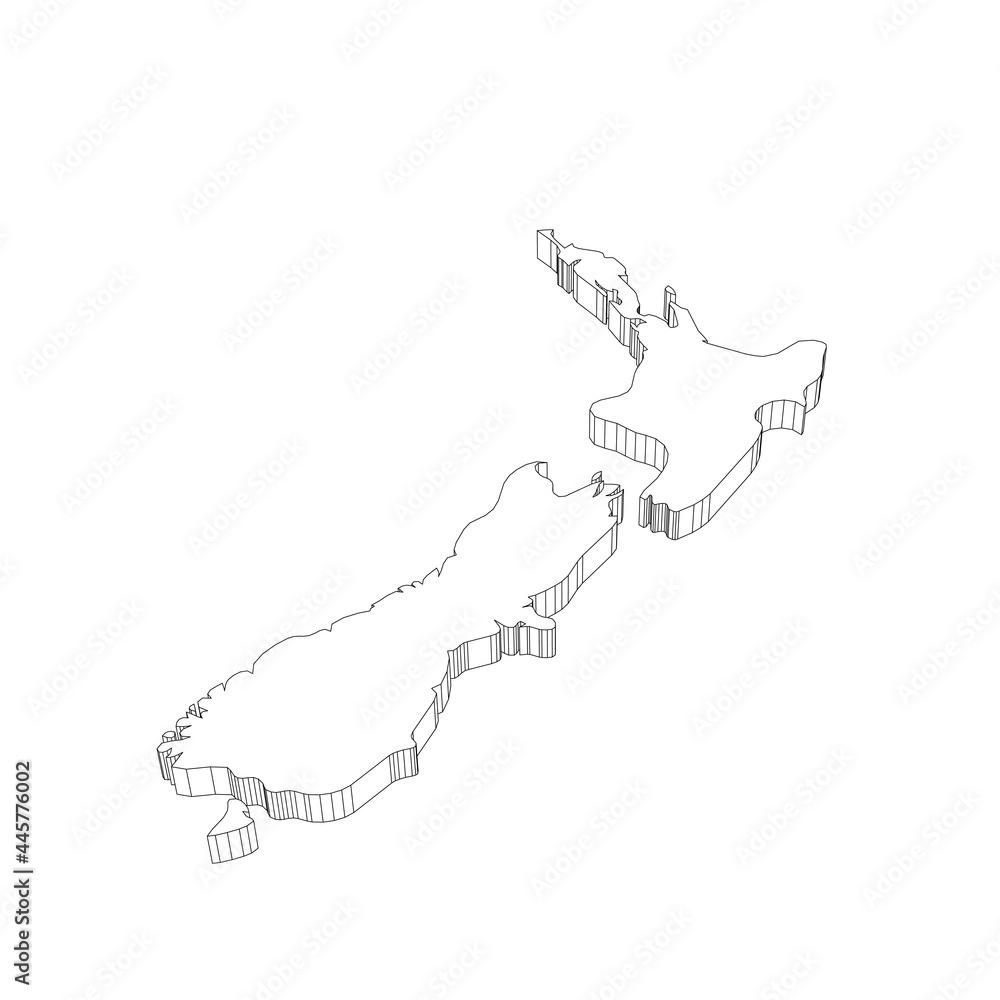 New Zealand - 3D black thin outline silhouette map of country area ...