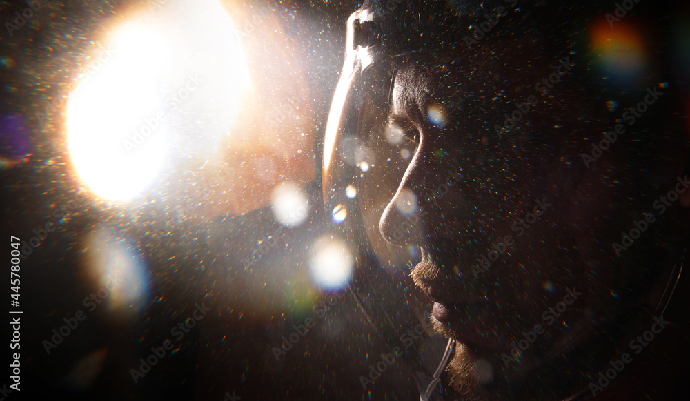 Double exposure portrait of futuristic astronaut in spacesuit ...