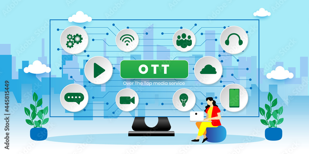 OTT over the top media distribution movie and music concept With icons ...