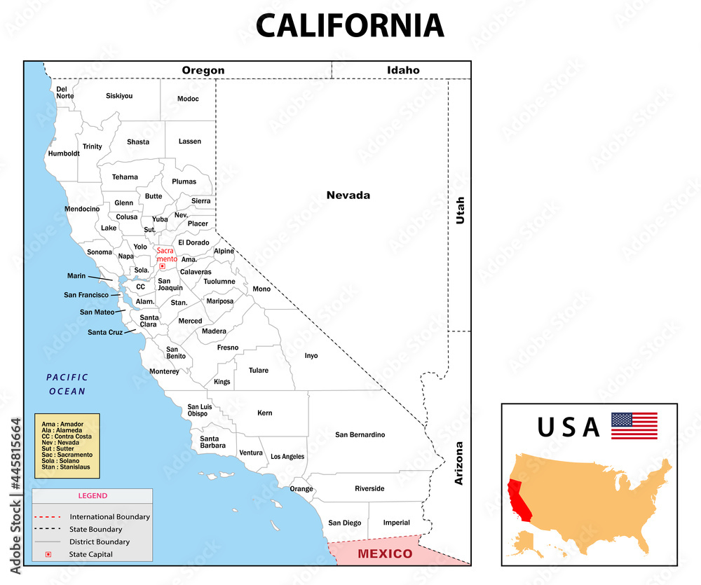California Map. State and district map of California. Administrative ...