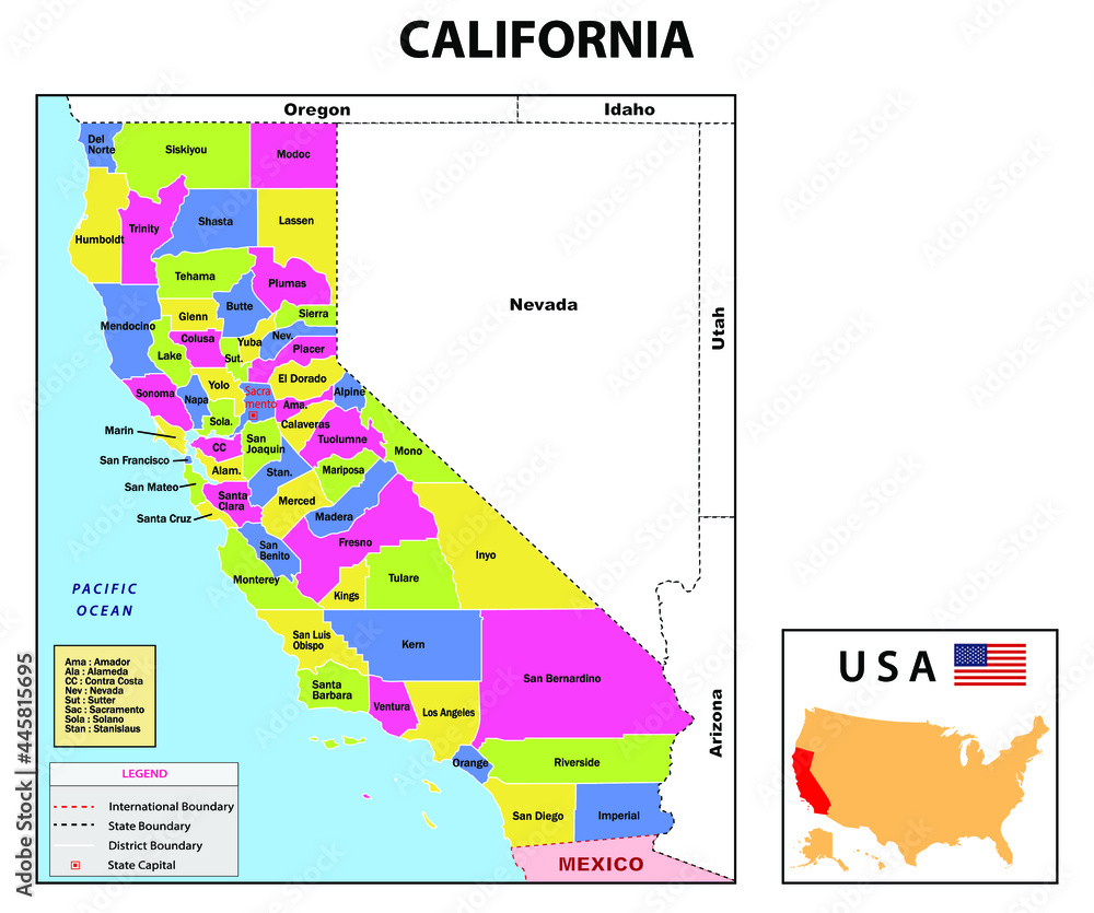 California Map. State and district map of California. Administrative ...