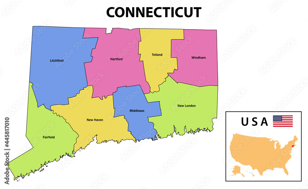 Fototapeta mapa świata dla dzieci Connecticut Map. State and district ...