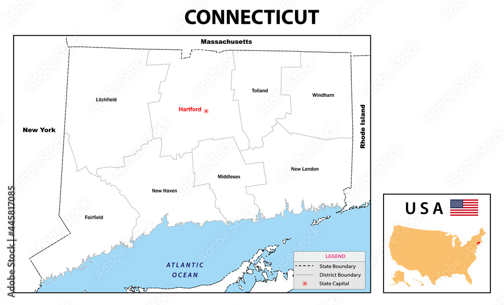 Connecticut Map. State and district map of Connecticut. Administrative ...