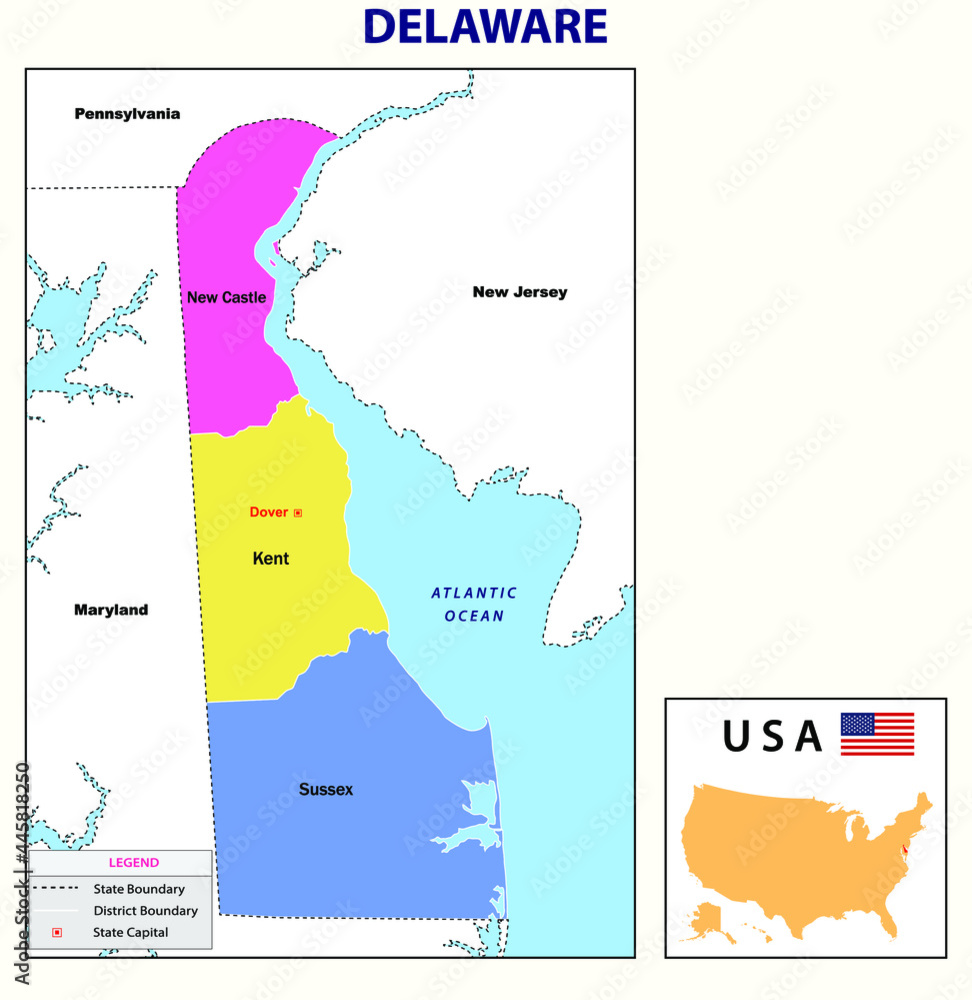 Delware map. Political map of Delware in USA. Stock Vector | Adobe Stock