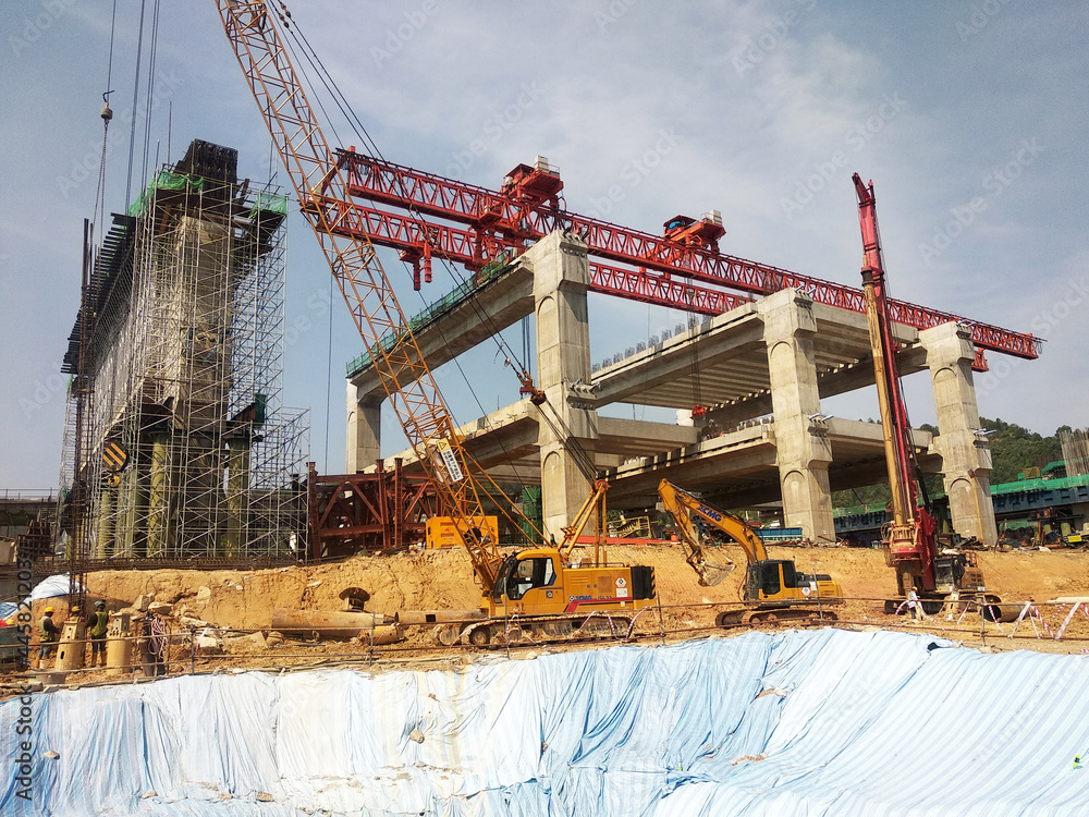 PENANG, MALAYSIA -MAY 3, 2020: Structural work is underway at the ...