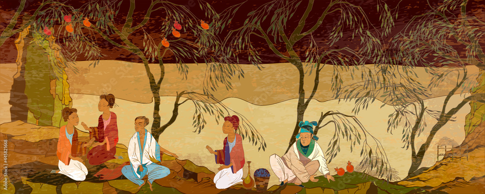 Ancient China. Oriental people. Tea ceremony. Murals and watercolor ...