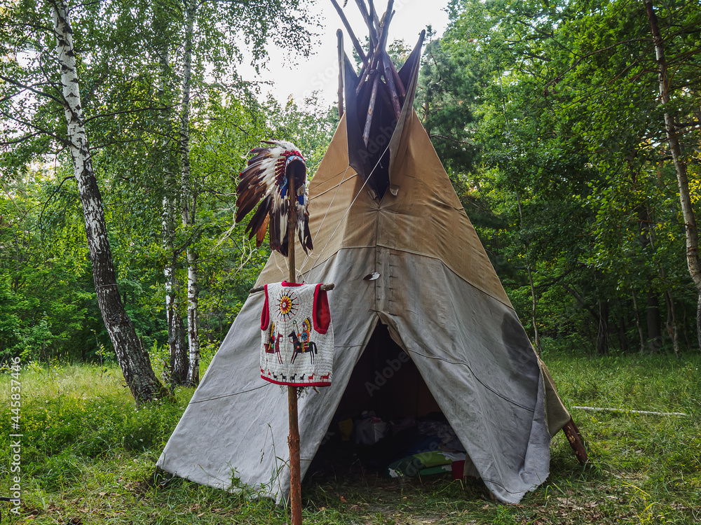 Forest home of the Indians. Wigwam indian teepee. The life of nomadic ...