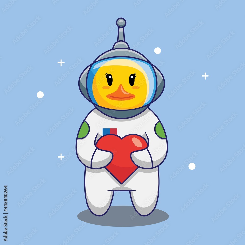 Cute Duck Astronaut Holding Love Balloons In Space Cartoon Vector ...