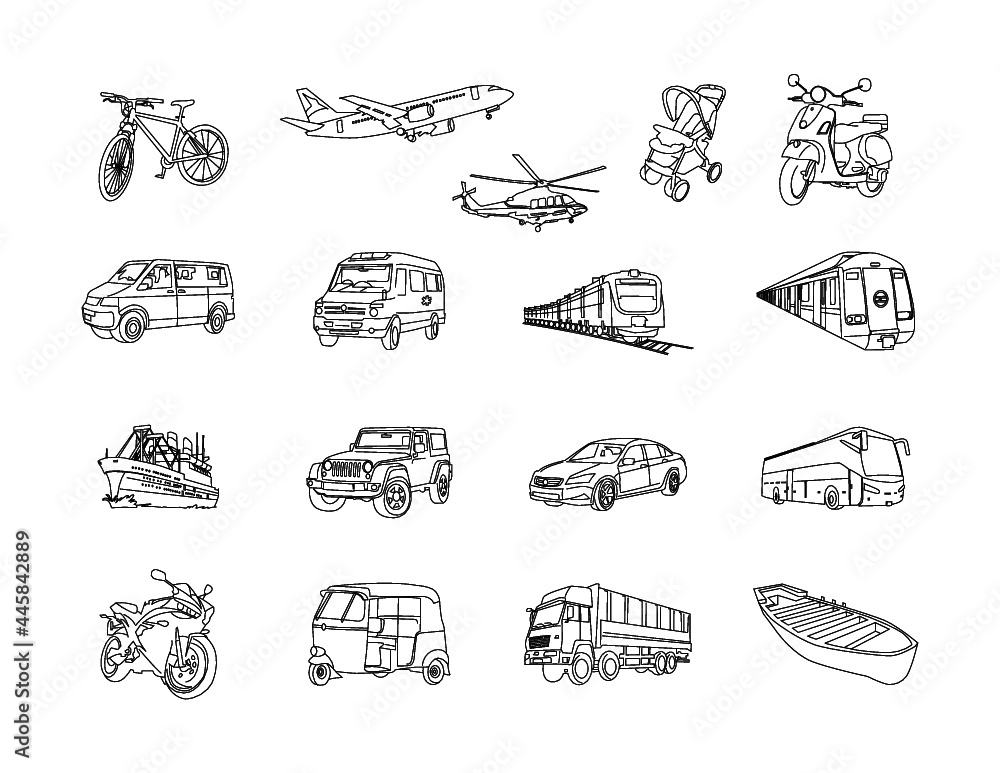 Vehicles line drawing clipart set, bicycle, aeroplane, pram, scooter ...