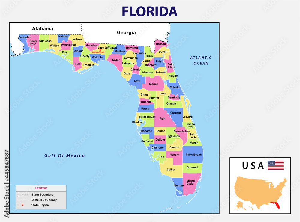 Florida map. Political map of Florida in USA. District map with USA ...