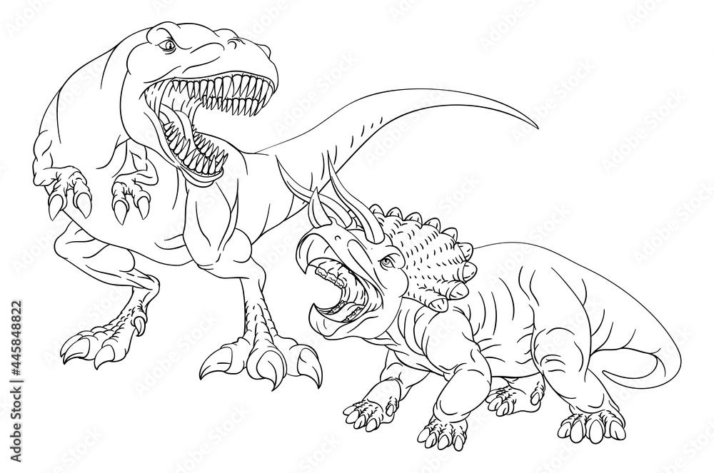 Coloring Book Page Dinosaurs In Outline Stock Vector | Adobe Stock