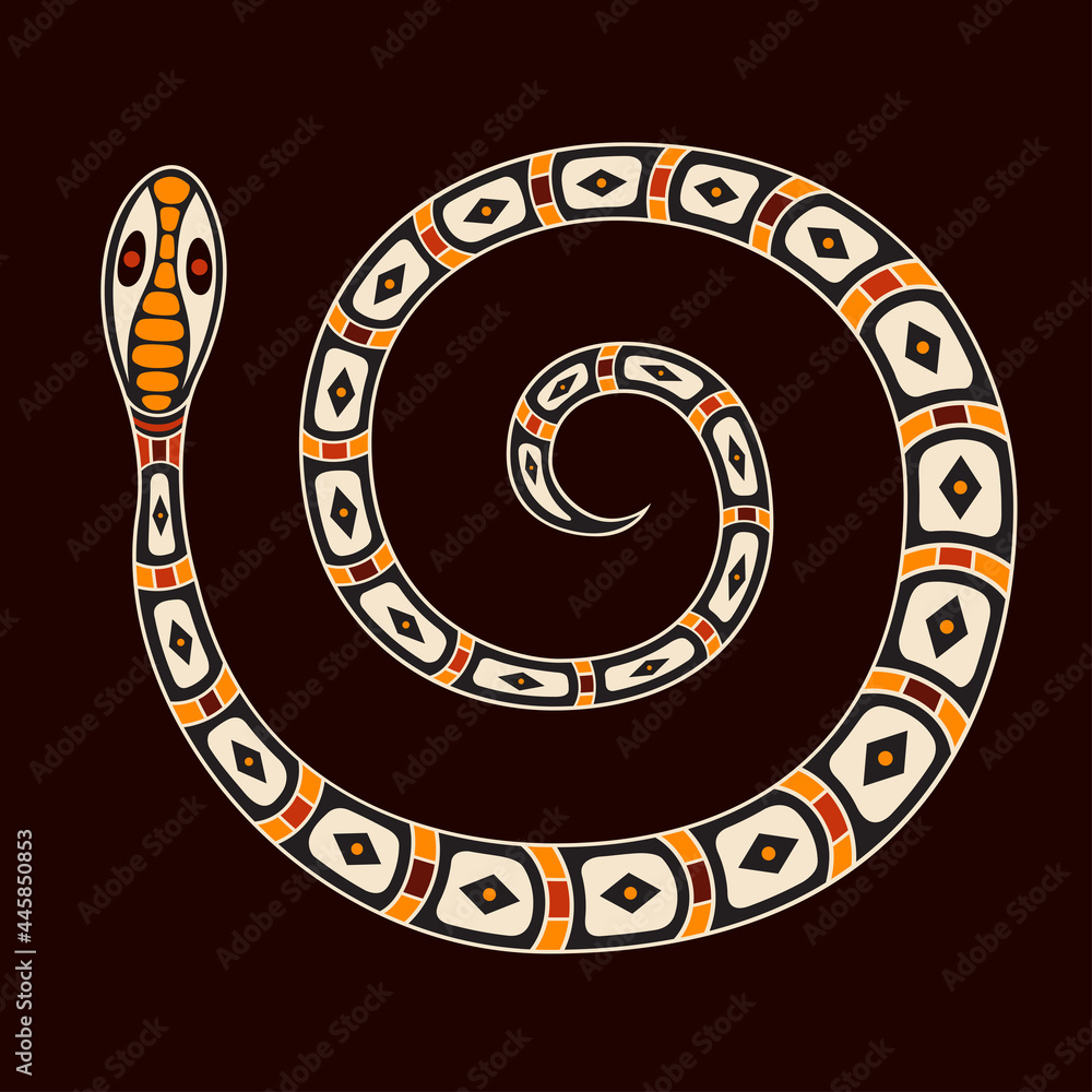 Snake. Aboriginal art style. Сurled up snake. Flat design style. Vector ...