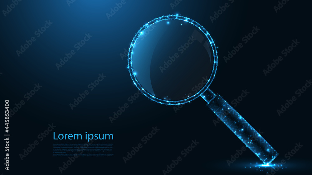 Magnifying glass line connection. Low poly wireframe design. Abstract ...