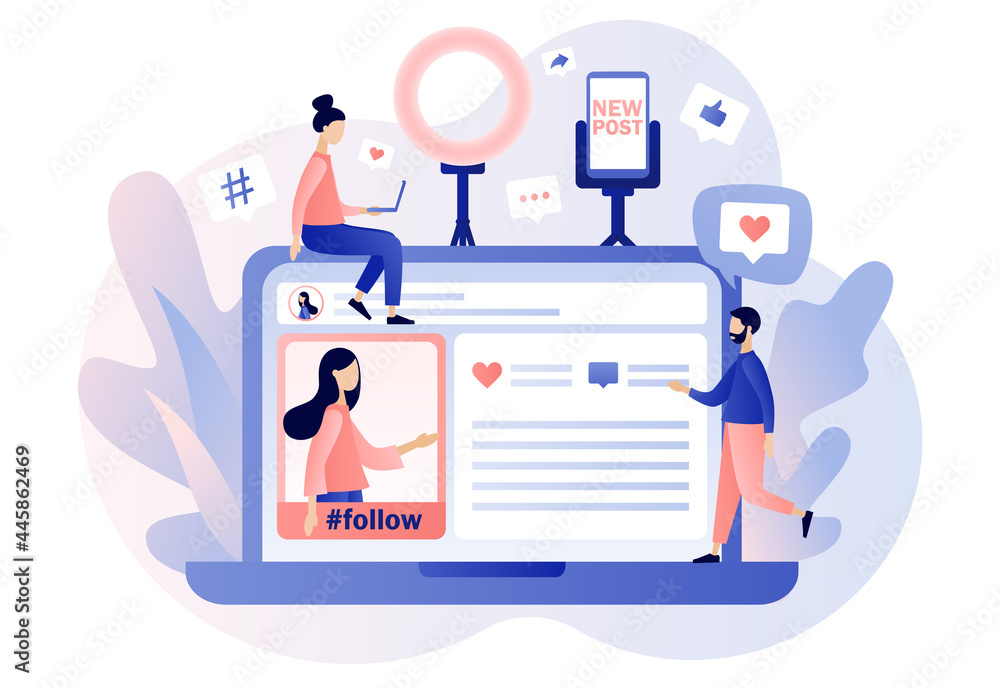 Blog concept. New post photo and video content. Tiny people follow ...