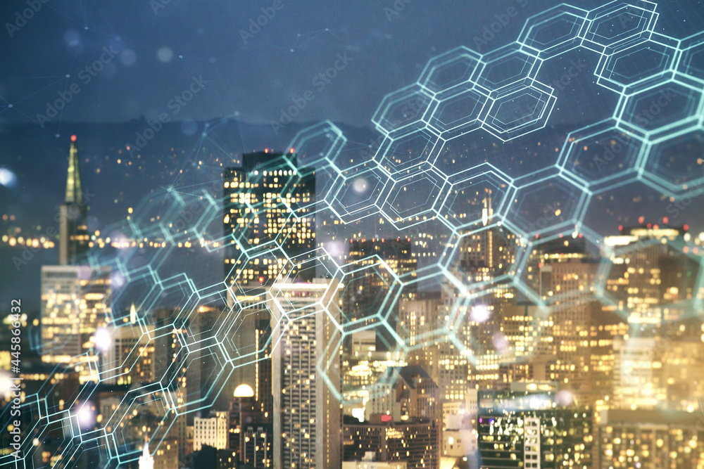 Abstract virtual wireless technology hologram with hexagon on San ...