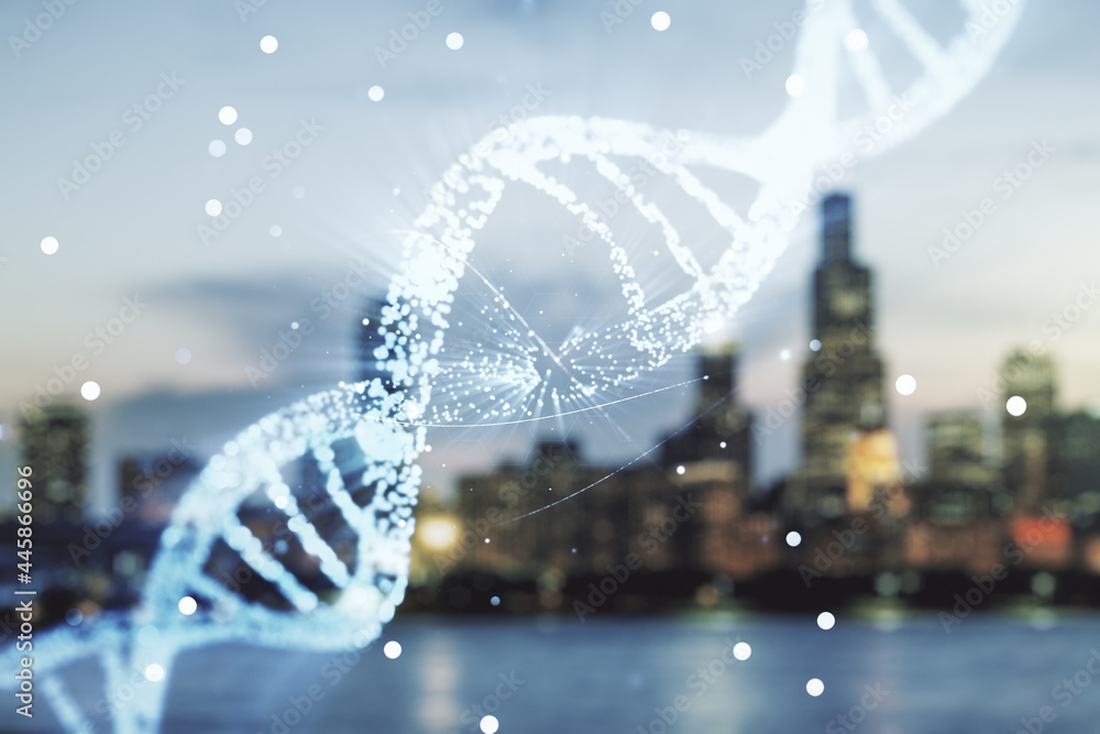 DNA hologram on blurry skyscrapers background, science and biology ...
