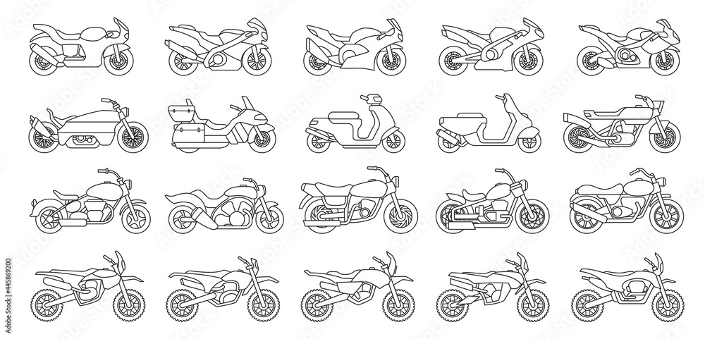 Motorcycle vector outline set icon. Vector illustration motorbike on ...