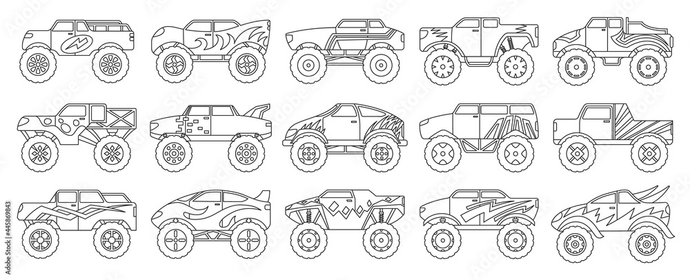 Monster truck isolated outline set icon. Vector outline set icon car ...