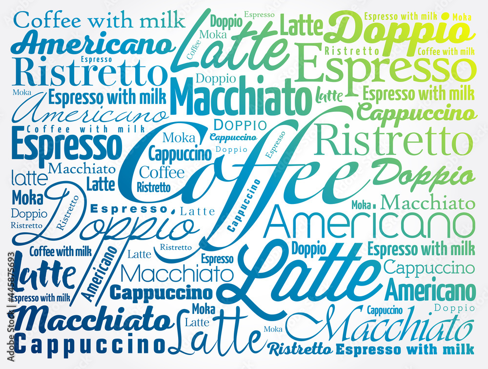 List of coffee drinks words cloud collage, poster background Stock ...