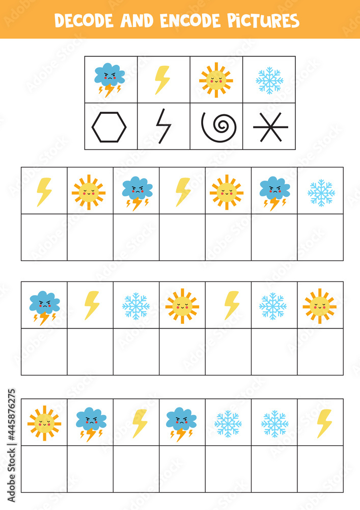 Decode and encode pictures. Write the symbols under cute weather ...
