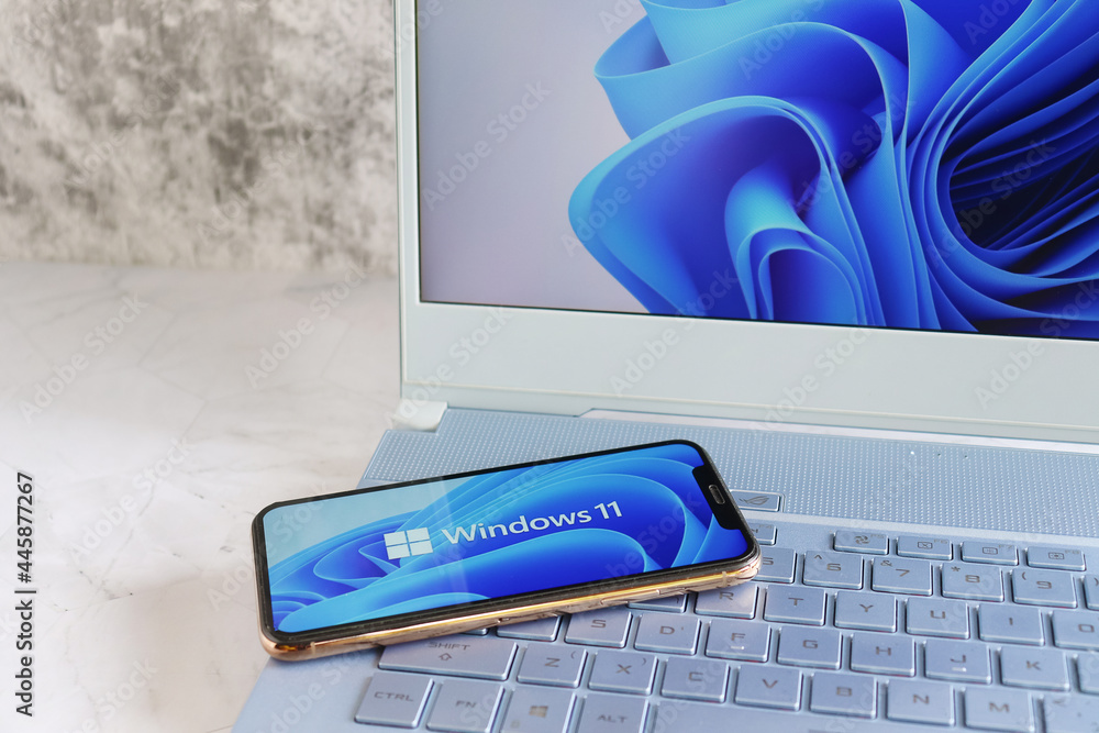 New Microsoft Windows 11 logo on computer screen and Windows 11 logo is ...