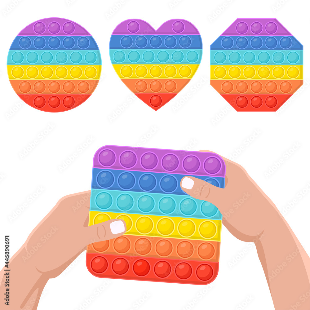 Set of different anti-stress toys - pop it and hands holding pop it of ...