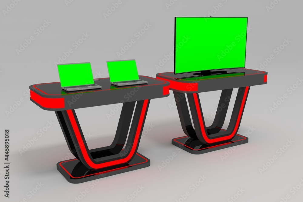 3d illustration stand booth display laptop led tv with green screen hi ...