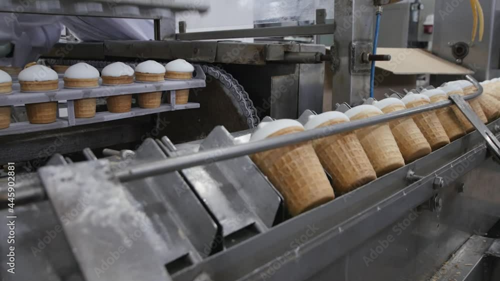 Ice Cream Production Line. Wide Angle Close-Up Of Waffle Cups With Ice ...