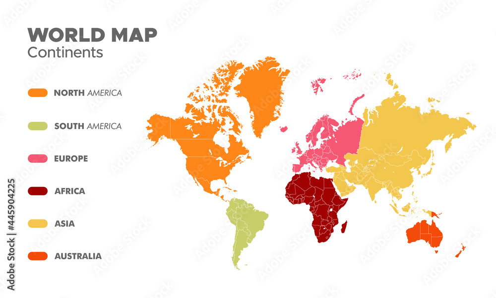 World map divided into six continents in different color. World map 6 ...