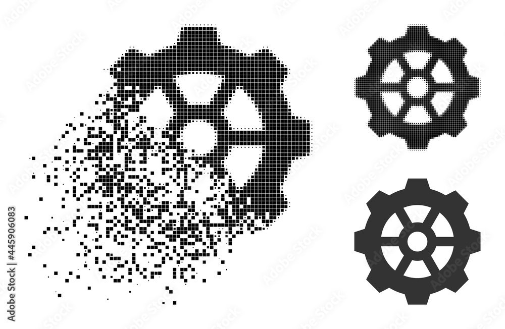Disintegrating pixelated gear pictogram with wind effect, and halftone ...