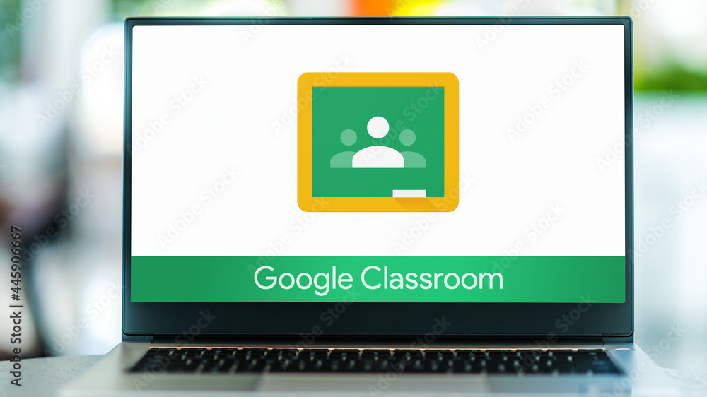 Laptop computer displaying logo of Google Classroom Stock Photo | Adobe ...