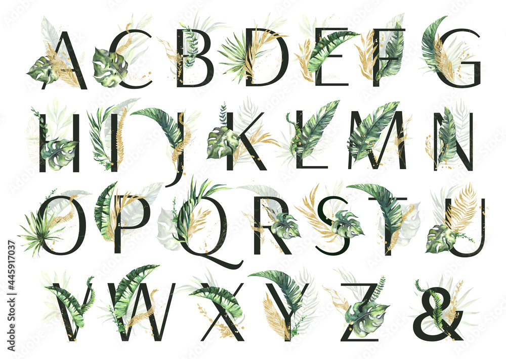 Tropical green and gold floral Alphabet collection - all letters with ...