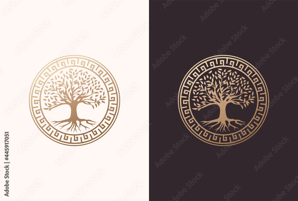 tree of life logo design with circle greek element in a golden color ...
