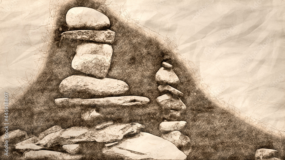 Sketch of Rough Stone Cairns Standing Proudly in the Shallow Creek ...