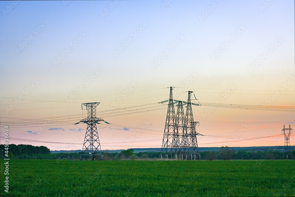 High voltage power line on industrial electricity line tower for ...