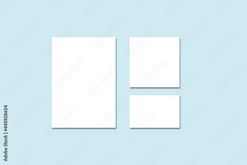 empty white vertical a4 poster and one square sized and one horizontal ...