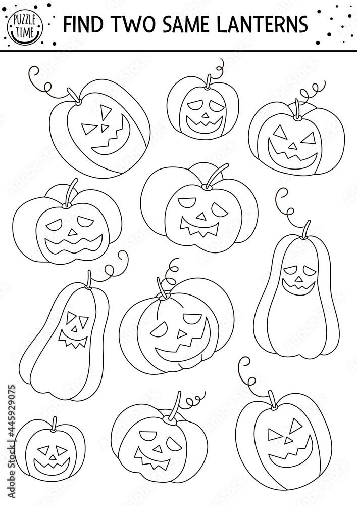 Find two same jack-o-lanterns. Black and white Halloween matching ...