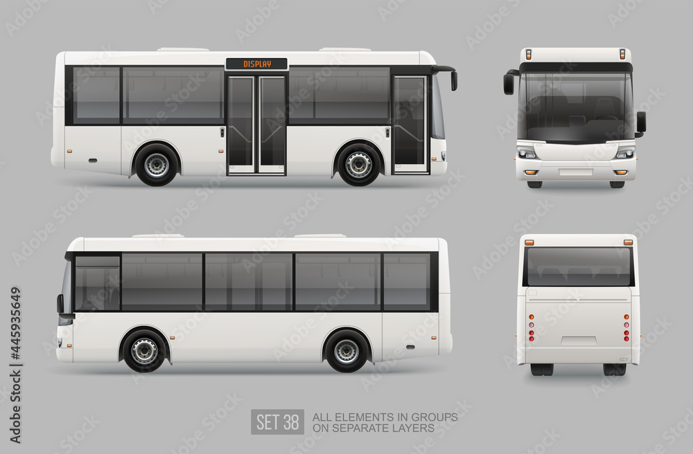 Realistic vector White passenger City Bus template isolated on grey ...