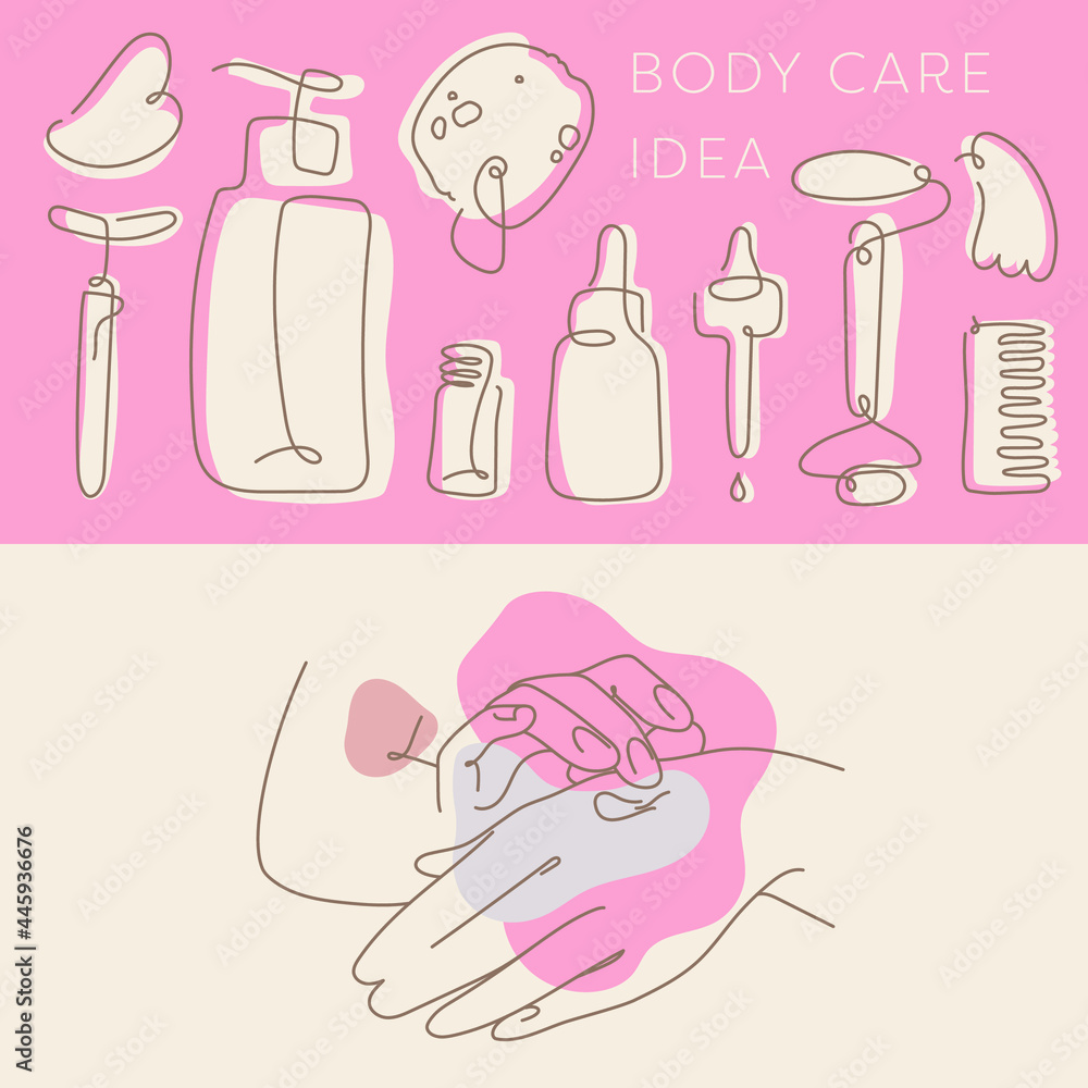 Self care body care linear icons. Cosmetic bundle illustrations. Beauty ...