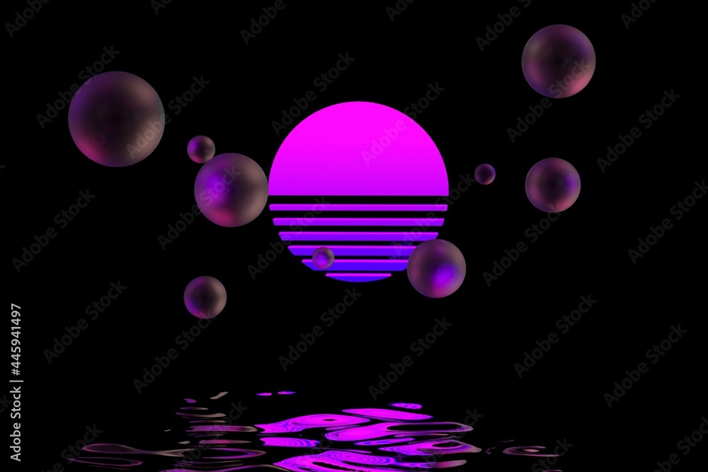 Sci-fi synthwave style 3D illustration with neon sun above the sea ...