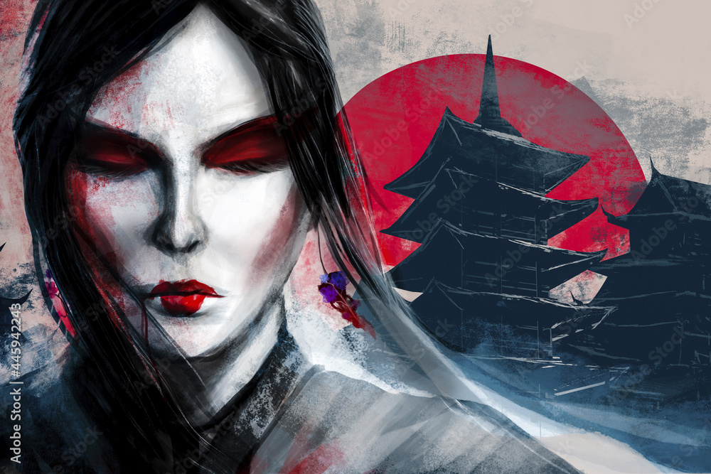 Artwork illustration of japanese geisha painted woman face with blood ...