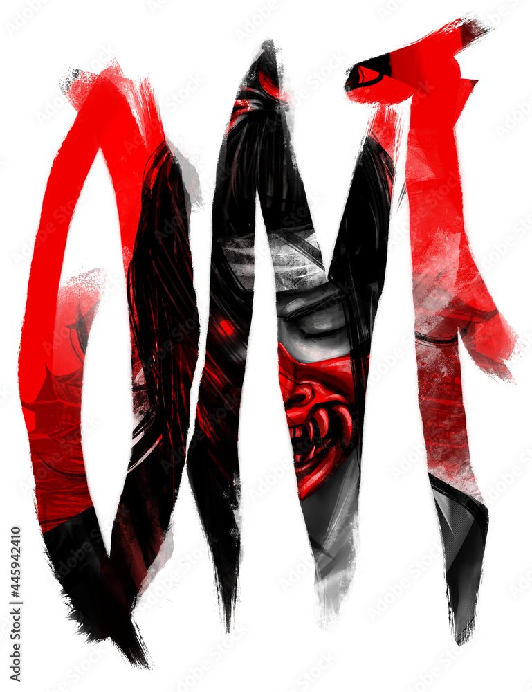 Oni word artwork illustration of japanese samurai warrior in red mask ...