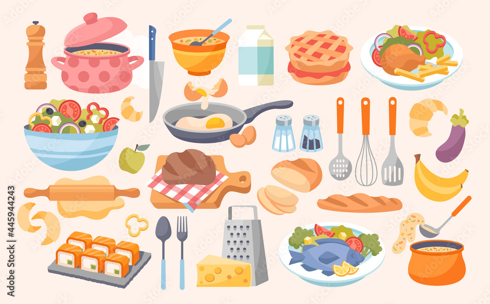 Cooking set. Household kitchen food preparation items concept. Object ...