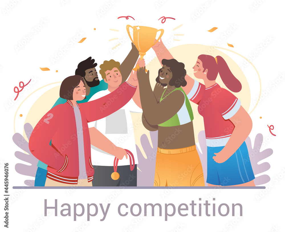 Happy Competition scene with winners and trophies celebrating with ...
