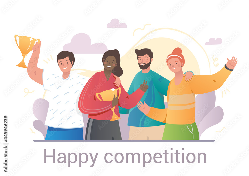 Happy Competition concept with team of winners and trophies celebrating ...