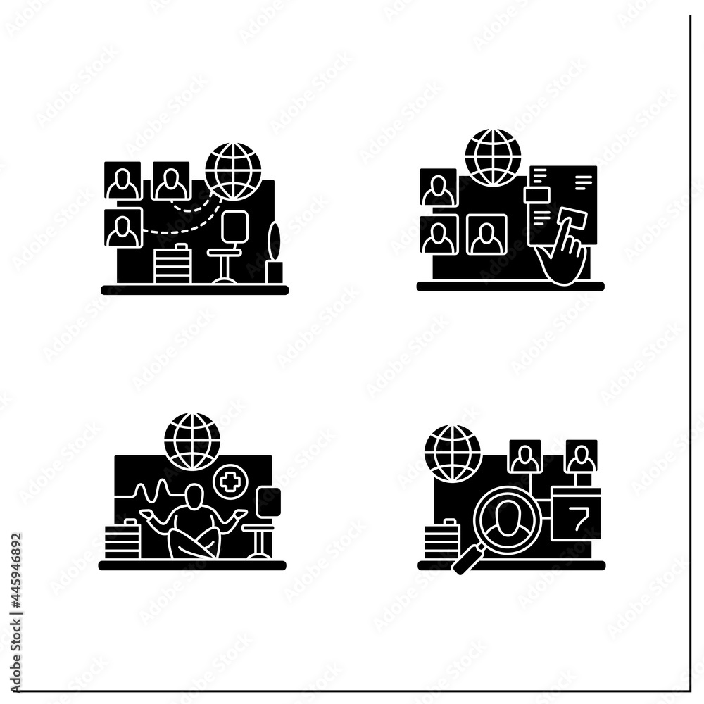 Remote command management glyph icons set. Virtual office, interactive ...