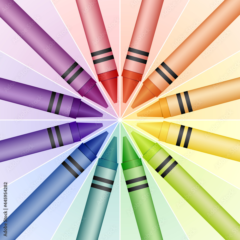 A radial crayon color wheel on a rainbow background Stock Vector ...
