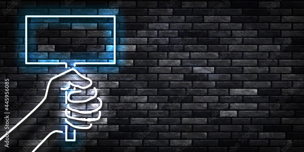 Vector realistic isolated neon sign of Hand holding a sign logo for ...
