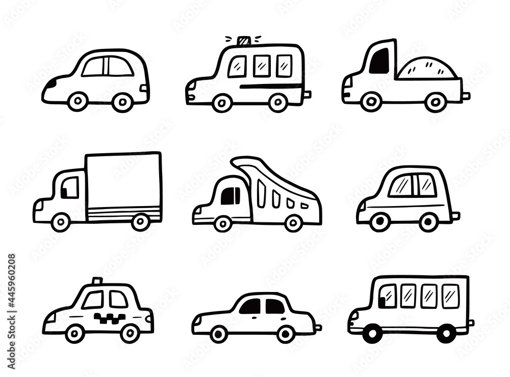 Doodle car set. Funny sketch scribble style. Hand drawn toy car vector ...